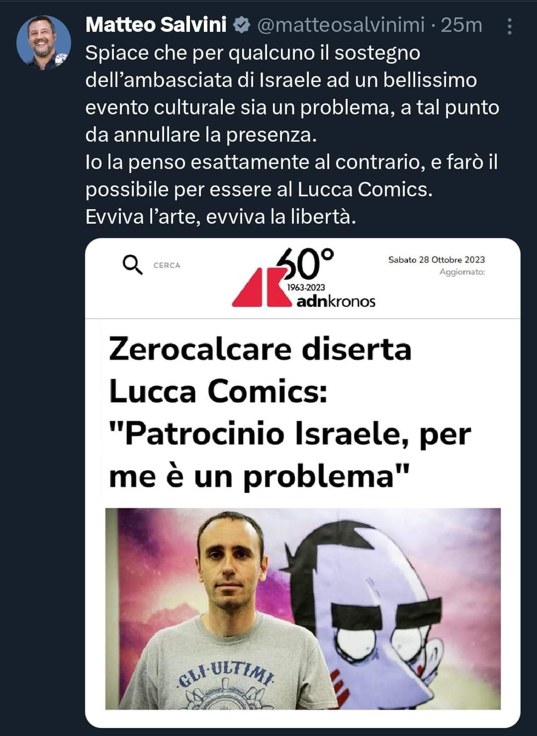 Salvini: "Zerocalcare non va a Lucca Comics ? Io invece farò il possibile per esserci" - NoiTV